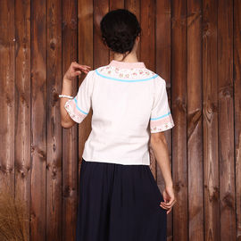 OEM Ethnic Vintage Embroidered Chinese Girl Blouses , White Modern Qipao Top