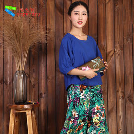 Women Summer Casual Short Sleeve Cotton Blouse None Pattern With Dyed Technics