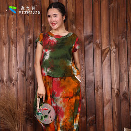OEM ODM Womens Linen Suits Clothing , Custom Printed Chinese Style Blouse