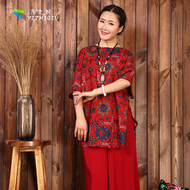 Regular Length Women'S Chinese Blouses , Red Chinese Embroidered Blouses