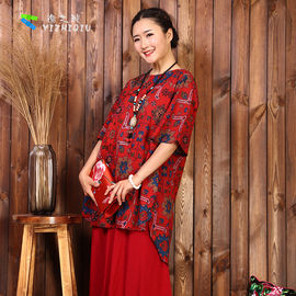 Regular Length Women'S Chinese Blouses , Red Chinese Embroidered Blouses