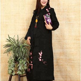 Black Single Breasted Embroidered Winter Coats Chinese Embroidered Jacket
