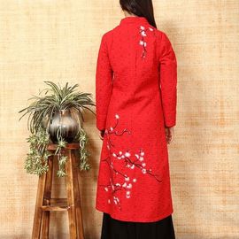 Red Single Breasted Ladies Cotton Clothing Cotton Padded Embroidered Winter Coats
