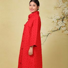 Red 100% Cotton Long Chinese Coat , Traditional Chinese Winter Jacket