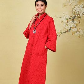 Red 100% Cotton Long Chinese Coat , Traditional Chinese Winter Jacket