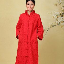 Red 100% Cotton Long Chinese Coat , Traditional Chinese Winter Jacket