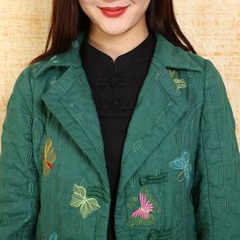 Women Long Padded Embroidered Winter Coats Traditional Style With Single Breasted