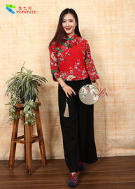 National Style Ladies Cotton Clothing Stand Collar Organic Cotton T Shirts