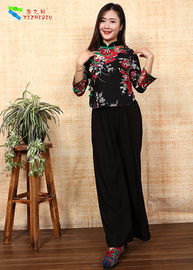 Black Asian Tradition Chinese Cheongsam Top , Traditional Linen Blouse Top With Flower