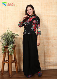 Black Asian Tradition Chinese Cheongsam Top , Traditional Linen Blouse Top With Flower