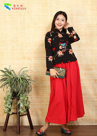 Elegant Long Sleeve Cheongsam Top Black Embroidery Plum Blossom Pattern