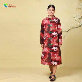 Red Cotton Winter Coats , Cotton Padded Floral Print Coats Chinese Style