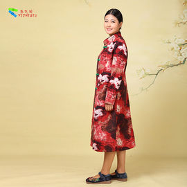 Red Cotton Winter Coats , Cotton Padded Floral Print Coats Chinese Style