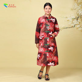 Red Cotton Winter Coats , Cotton Padded Floral Print Coats Chinese Style