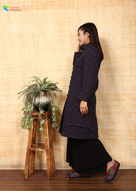 Navy Blue Ladies Long Black Chinese Jacket Double Layer With Stand Collar