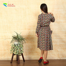 Square Pocket Ladies Long Sleeve Dresses Flower Base Drawstring Waist Design