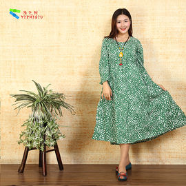 Green Bottom White Flower Simple Long Sleeve Dresses Pull Rope To Collect Waist Design