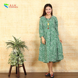 Green Bottom White Flower Simple Long Sleeve Dresses Pull Rope To Collect Waist Design