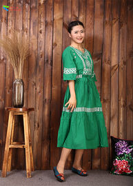 Fashionable Tunic Green Embroidered Cotton Maxi Dress Aunty Shrink For Summer