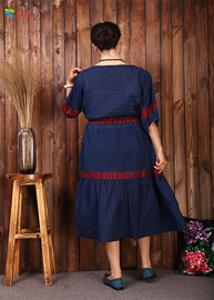 Navy Blue Embroidered Cotton Dress Women Elegant And Comfortable Tunic
