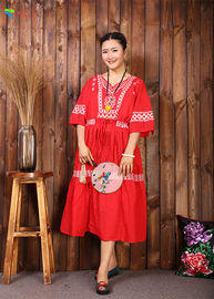 Round Neck Chinese Embroidery Dress , Red Cotton Dress Lightweight For Women