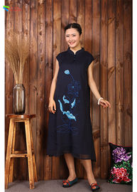Dark Blue Long Cotton Dresses , Layered Design Chinese Traditional Dress For Girl