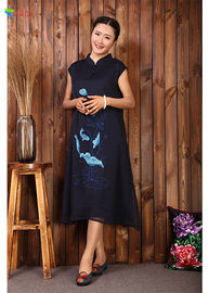 Dark Blue Long Cotton Dresses , Layered Design Chinese Traditional Dress For Girl