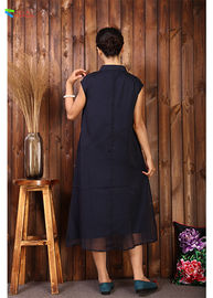 Dark Blue Long Cotton Dresses , Layered Design Chinese Traditional Dress For Girl