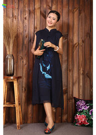 Dark Blue Long Cotton Dresses , Layered Design Chinese Traditional Dress For Girl