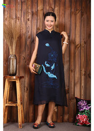 Dark Blue Long Cotton Dresses , Layered Design Chinese Traditional Dress For Girl