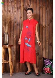 Sleeveless Women Red Embroidered Cotton Dress With Cheongsam Type Buckle
