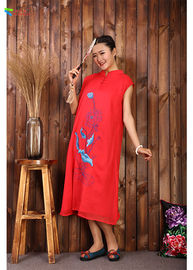 Sleeveless Women Red Embroidered Cotton Dress With Cheongsam Type Buckle