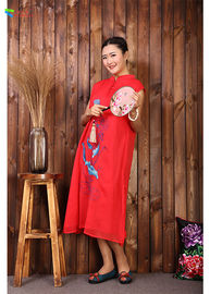 Sleeveless Women Red Embroidered Cotton Dress With Cheongsam Type Buckle