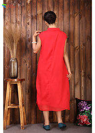 Sleeveless Women Red Embroidered Cotton Dress With Cheongsam Type Buckle