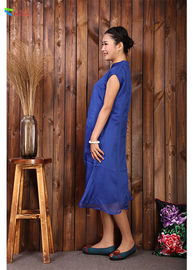 Summer Blue Sleeveless Linen Dress , Embroidered Chinese Dress For Ladies