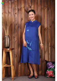 Summer Blue Sleeveless Linen Dress , Embroidered Chinese Dress For Ladies