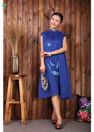 Summer Blue Sleeveless Linen Dress , Embroidered Chinese Dress For Ladies