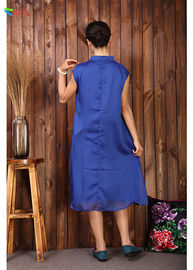 Summer Blue Sleeveless Linen Dress , Embroidered Chinese Dress For Ladies