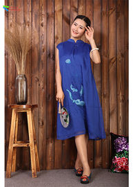 Summer Blue Sleeveless Linen Dress , Embroidered Chinese Dress For Ladies