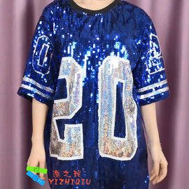 Blue Sequin Tee Shirt Dress Sorority Stage Performance Clothing Number 20