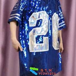 Blue Sequin Tee Shirt Dress Sorority Stage Performance Clothing Number 20