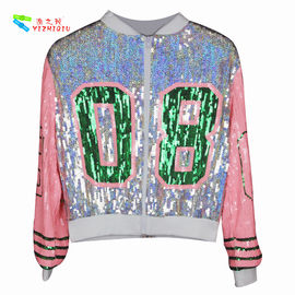 Casual Silver Pink Womens Sequin Clothing Zip Up Bomber Jacket Free Size
