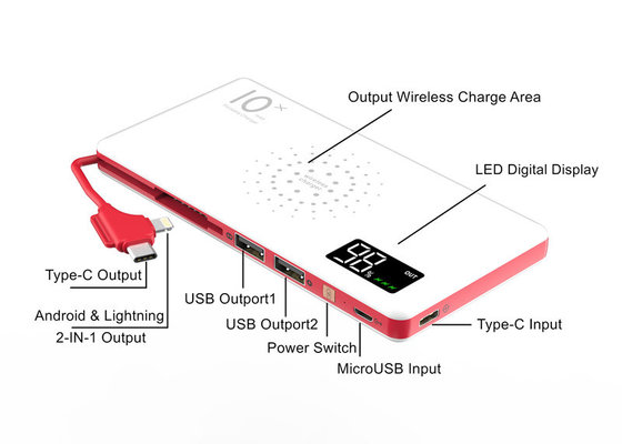 Top Selling LCD Digital Display Wireless Power Bank 10000mA Built-in 3IN1 Cable Type-C Input&Output Portable Mobile Powe