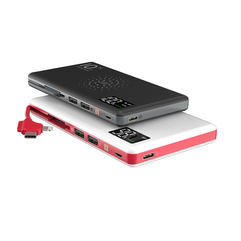 Popular Custom LED Screen QI Wireless Power Bank 10000mA with Built-in 3IN1 Cable Dual USB &Double Input Backup Type-C P