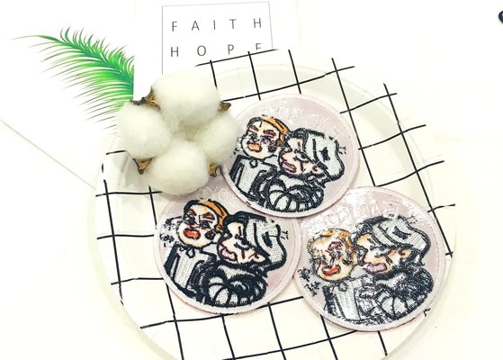 Round Custom Embroidered Patches With Cute People Pattern And Red Background