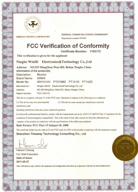 China Ningbo WinHi Electronics&Technology Co.,Ltd certification
