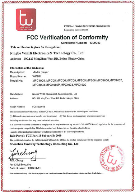 China Ningbo WinHi Electronics&Technology Co.,Ltd certification