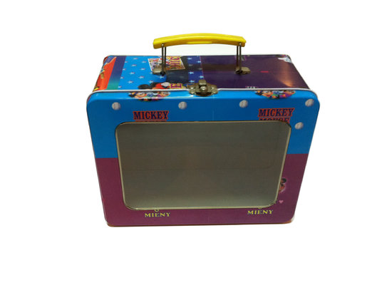 PVC Window Metal Tin Lunch Box Cartoon Colorful Hinge With Handle