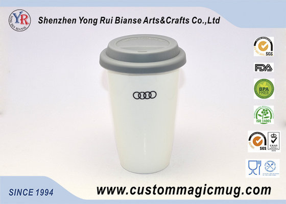 Safe Scald Preventable Porcelain Double Wall Ceramic Mug With Silicone Lid And Sleeve
