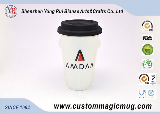 350ml Double Wall Ceramic Mug , Coffee / Tea / Milk Travel Mug With Silicone Lid